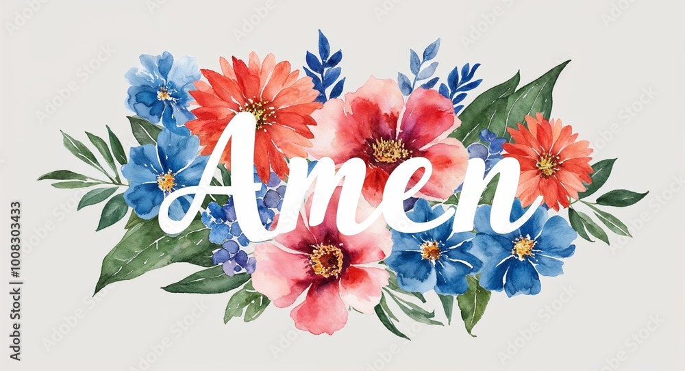 amen word lettering with watercolor painting flowers on plain white ...