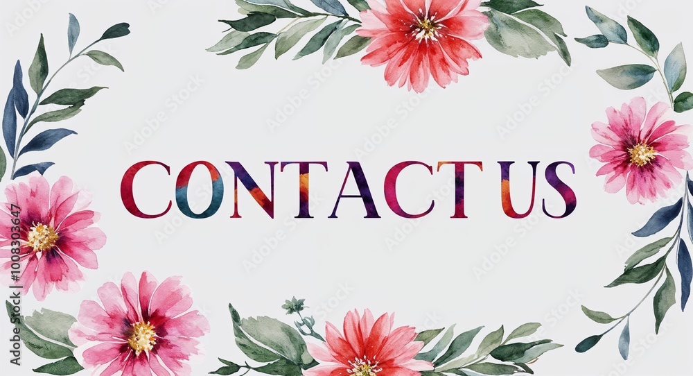 contact us word lettering with watercolor painting flowers on plain ...