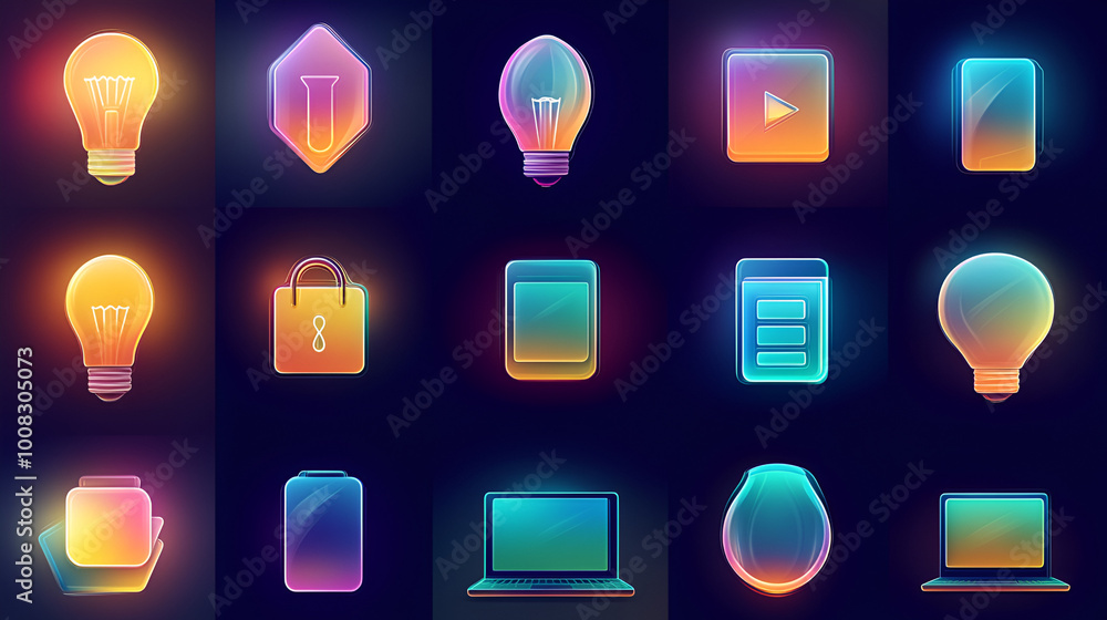 A collection of matte UI icons in a glassmorphism, incorporating ...