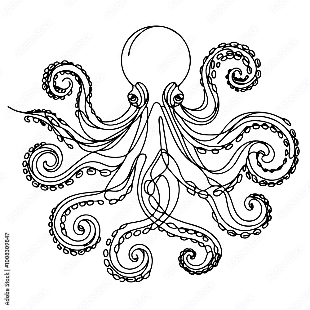 octopus one line art continuous drawing illustration, isolated ont ...