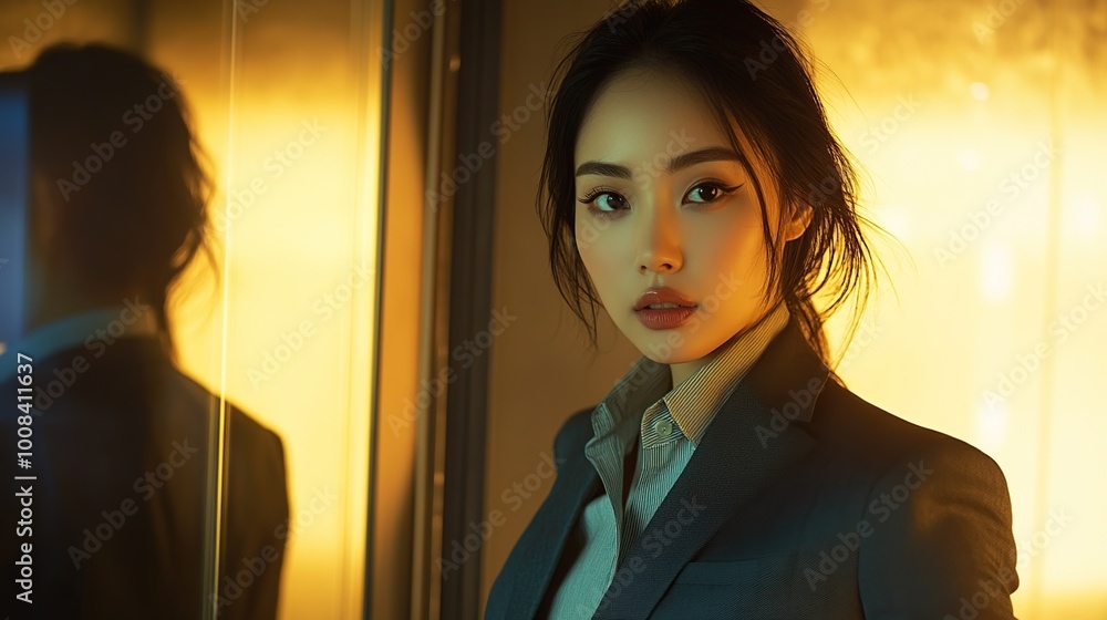 Beautiful young woman wearing a suit standing in front of the mirror ...