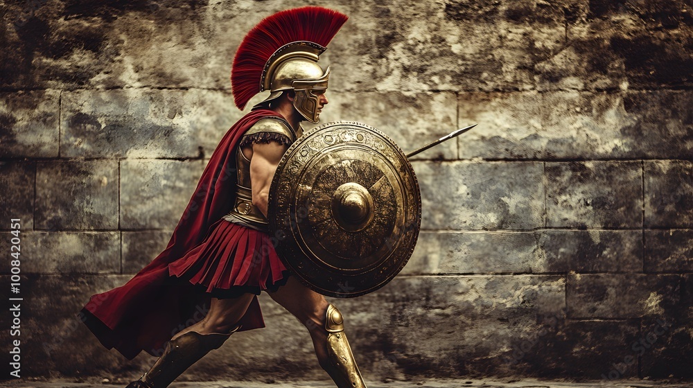 6. Roman soldier in a marching stance with a spear and shield in hand ...