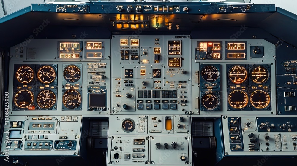 Cockpit Interior with Illuminated Instrument Panel and Control Systems ...