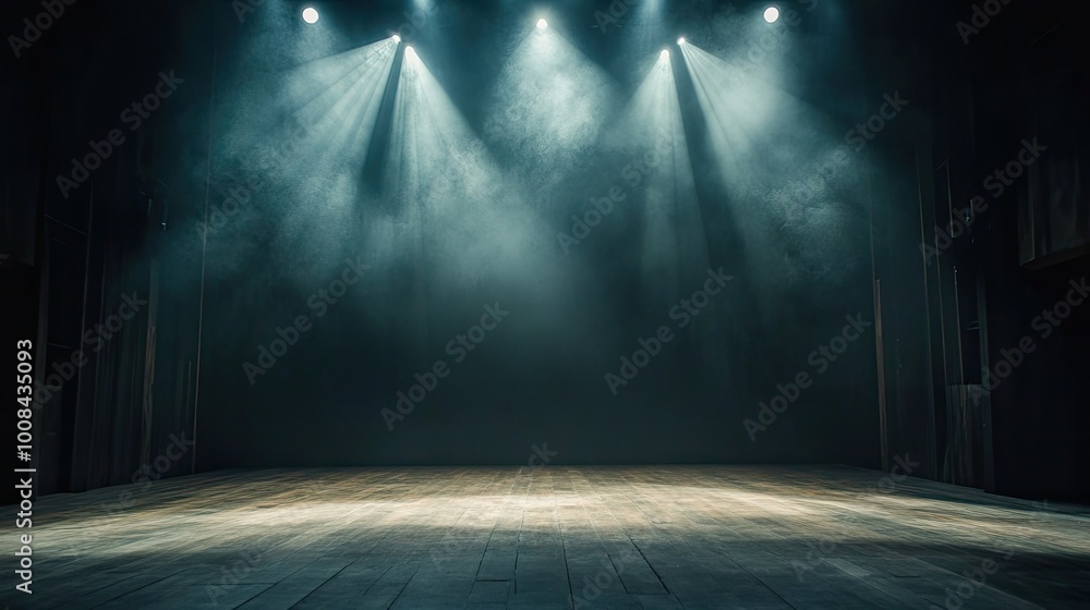 An empty theater stage, lit by powerful spotlights that sharply define ...