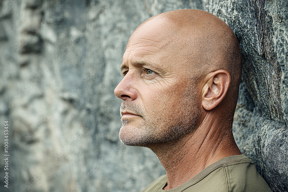 Side profile portrait of a mature bald man with a short grey beard ...