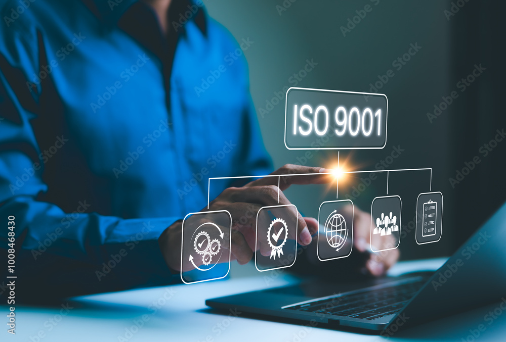 ISO 9001 certification and quality management concept. Businessman ...