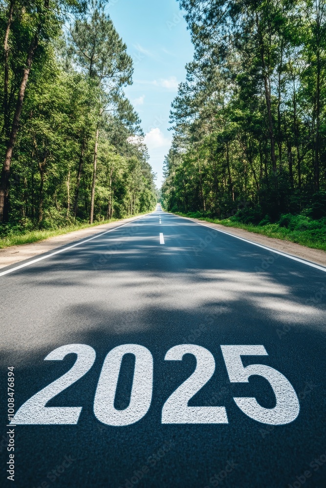 Road to 2025. Asphalt highway through the forest with the text 2025 ...