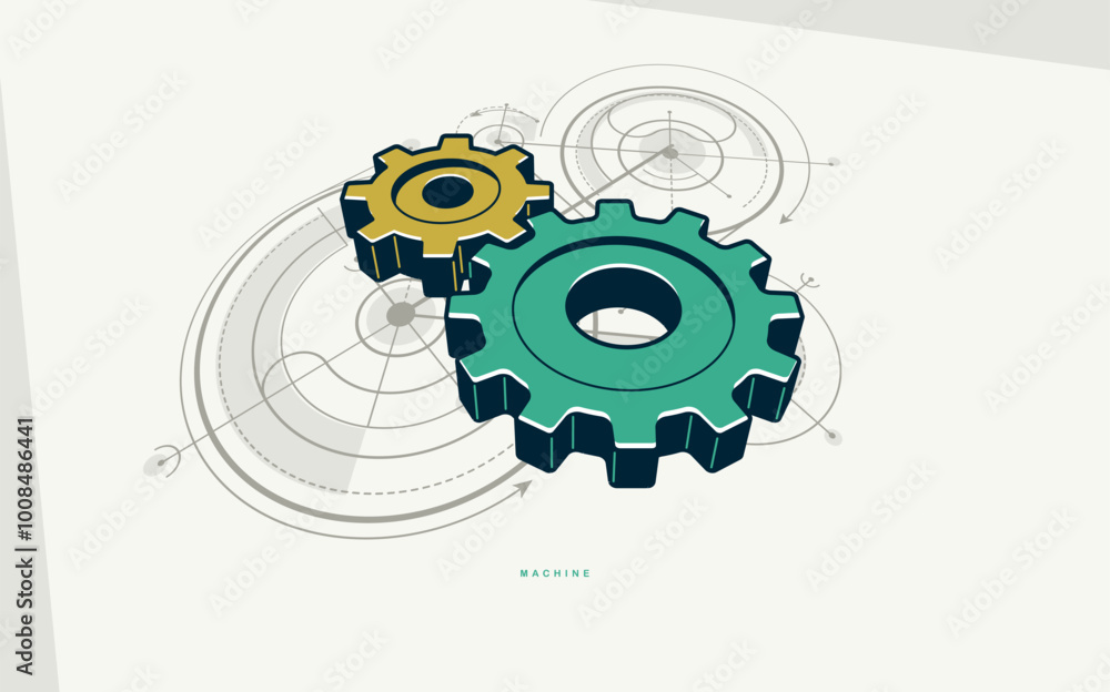 Engineering machine concept poster, gears and cogs vector icon style ...