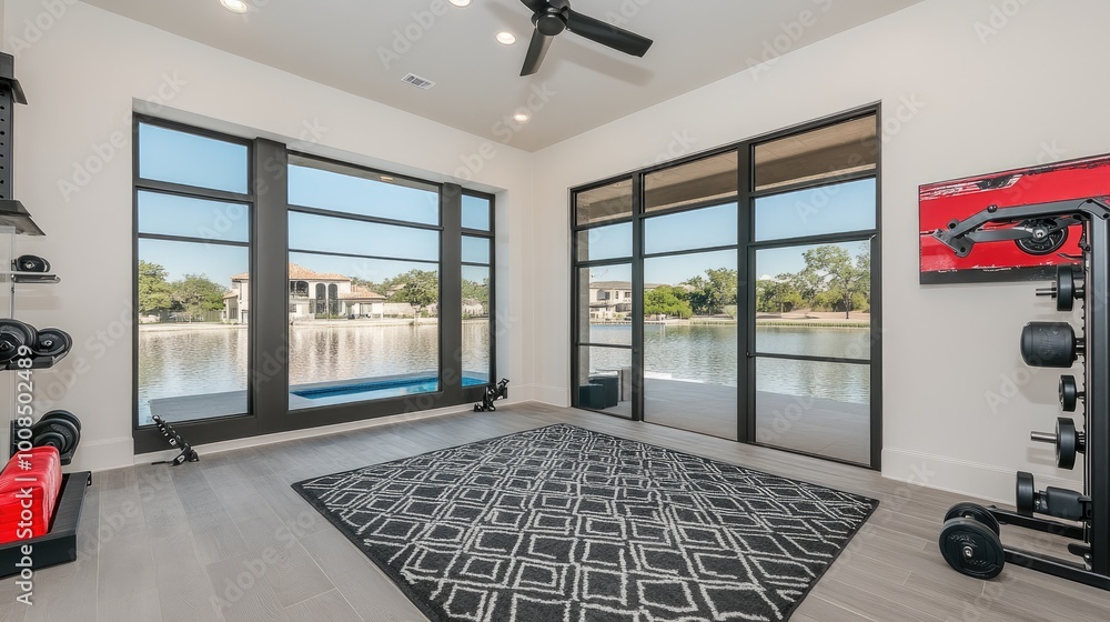 Inside a sleek home gym with workout equipment, mirrors, and large ...