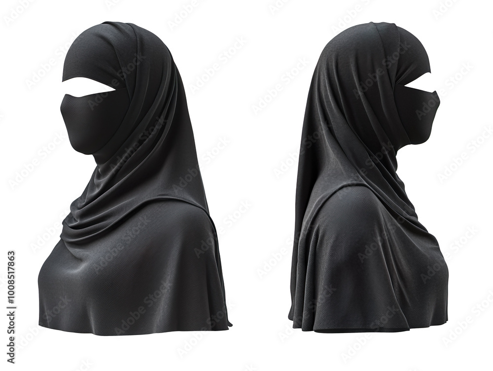 Blank black female niqab mockup, front and side view isolated on ...
