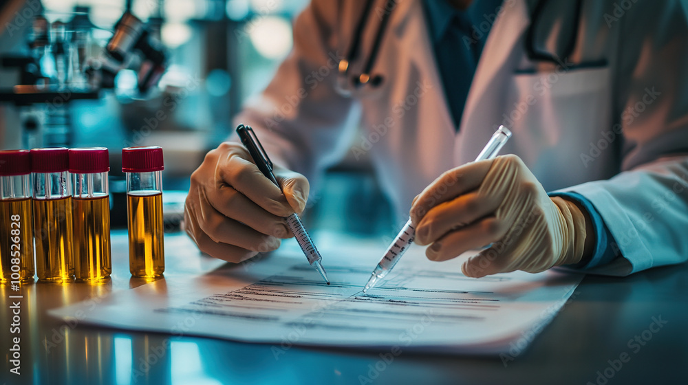 Blood test, medicine documents and hands in laboratory for healthcare ...