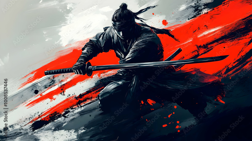 A Powerful Samurai Warrior in a Dynamic Pose, Striking with a Sword ...