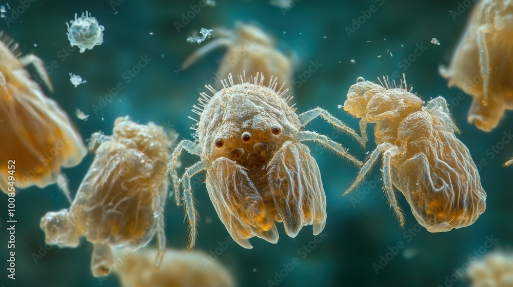Dust mites are examined under a microscope, showcasing their unique ...