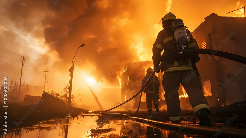 Firefighters Pulling Hose,Burning Building, Smoke, Billowing Background ...