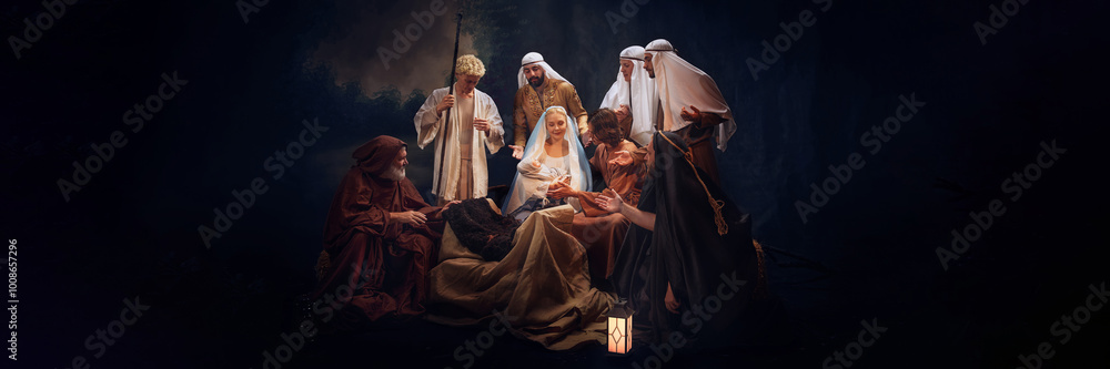 The Holy Family, wise men and shepherds, paying their respects. Scene ...