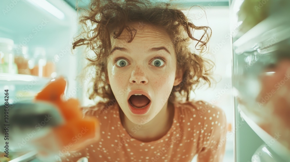 A woman in a state of surprise stares wide-eyed into the vibrant ...