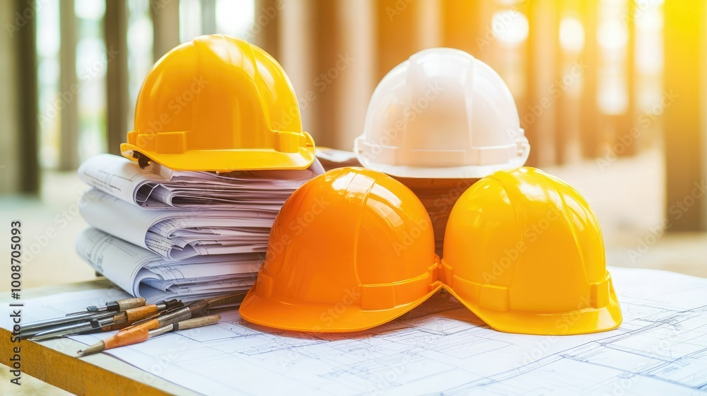 A collection of safety helmets and blueprints, representing ...