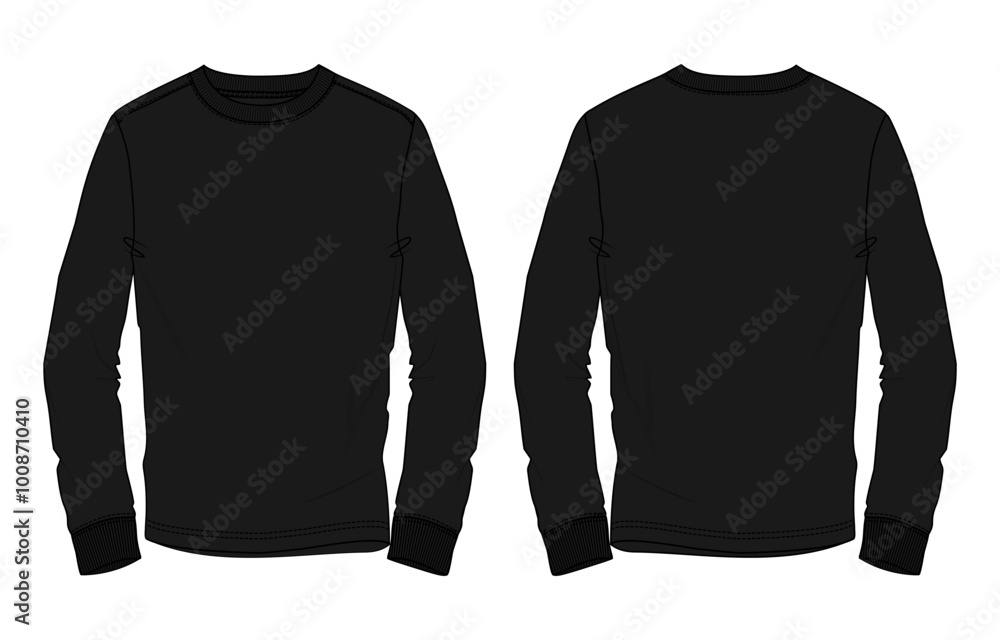 Long sleeve T shirt Technical Fashion flat sketch vector illustration black Color template front ...