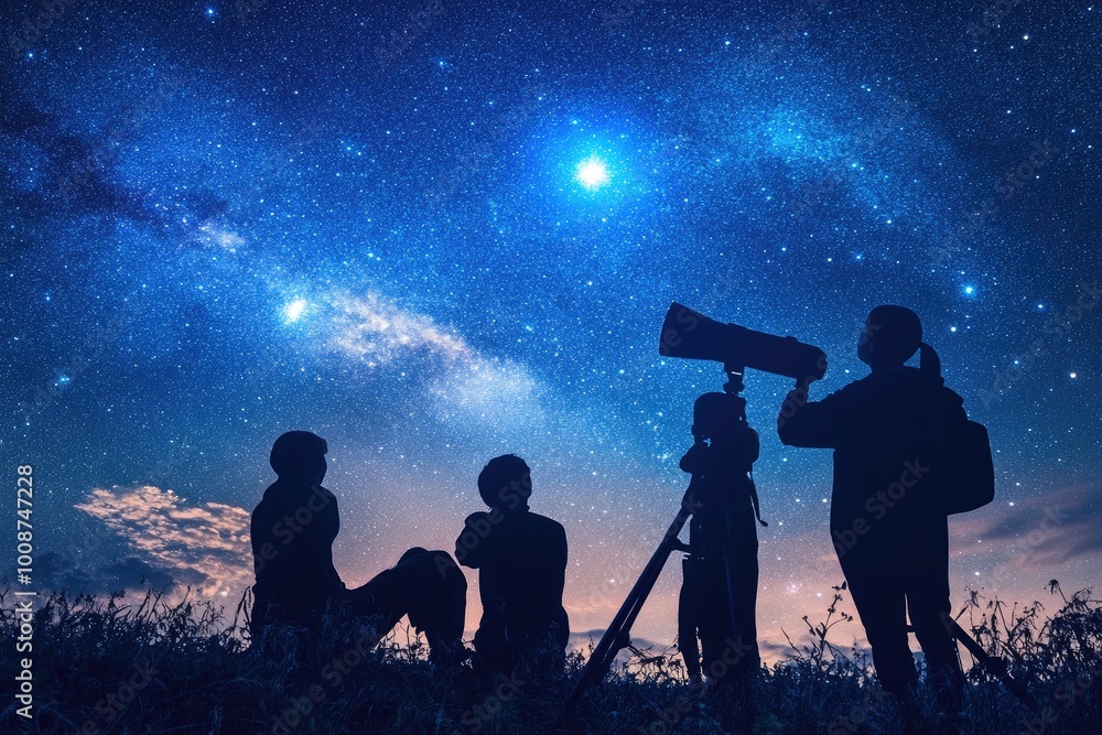 Silhouettes of people stargazing. A family uses a telescope to look at ...