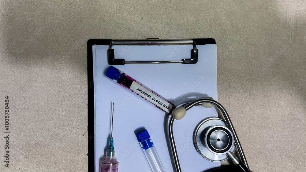 Arterial Blood Gas Test with blood sample. Top view isolated on office ...