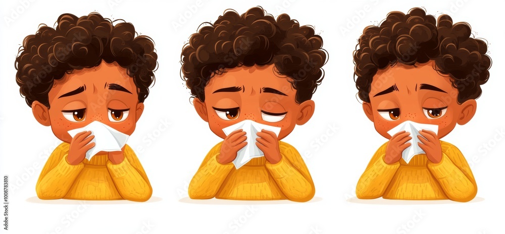 Sick african american boy with fever, cough and tiredness. Cartoon ...