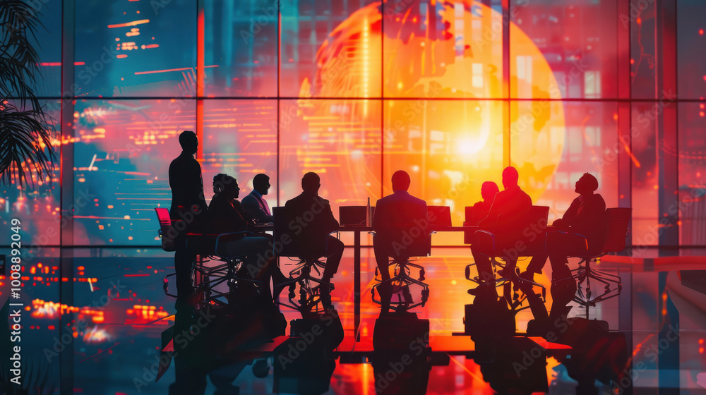 A group of executives in a modern boardroom, planning how to implement ...