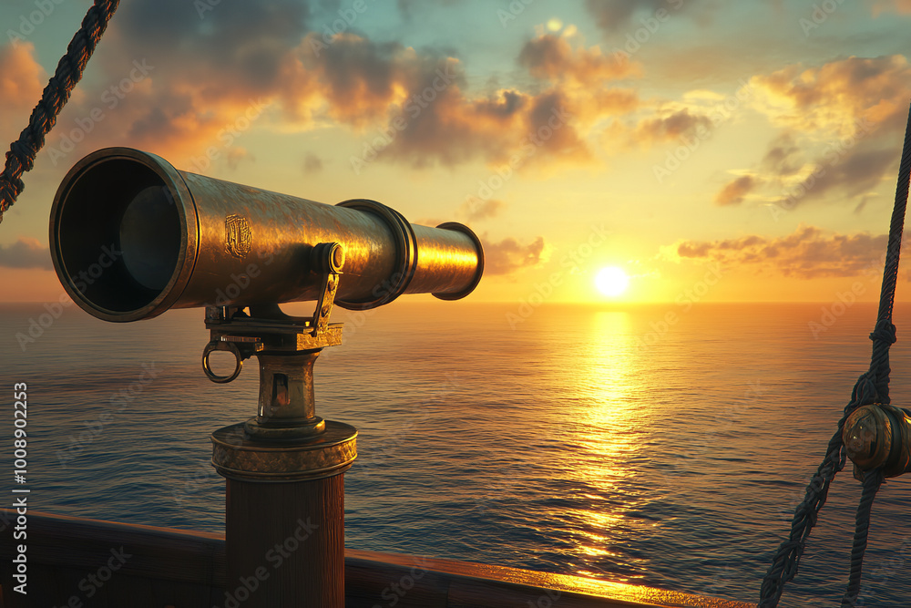 Pirate Lookout with Telescope Viewing Sunset from Crow's Nest Stock ...