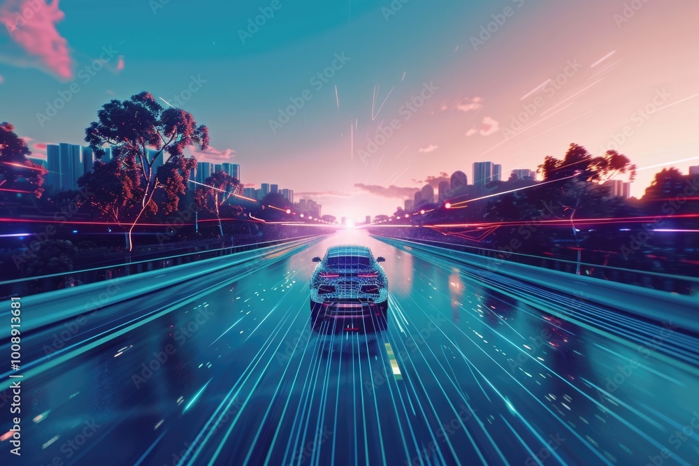 Self driving car scans and analyzes road using AI visualization. Stock ...