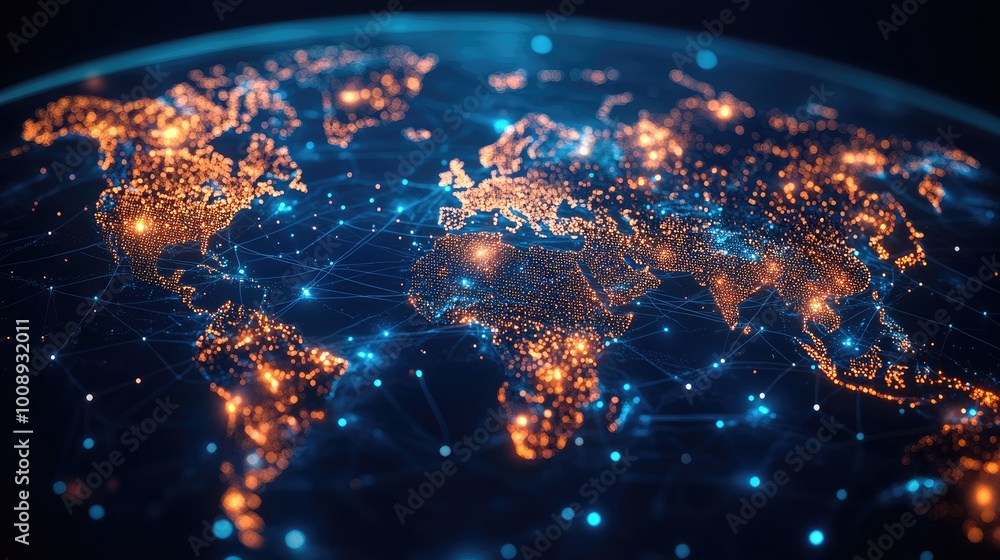World map with illuminated digital network lines and nodes, showcasing advanced global ...