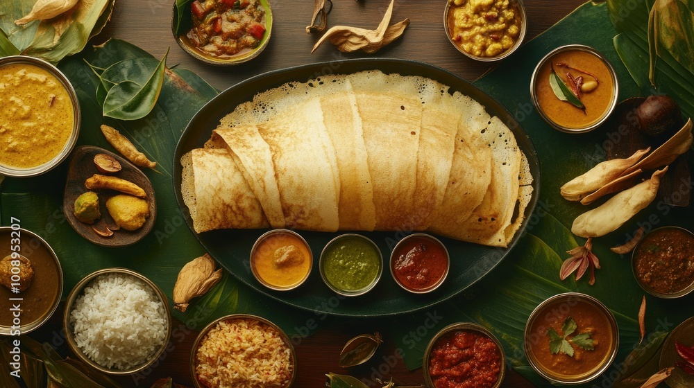 Overhead view of a traditional South Indian meal featuring dosa ...