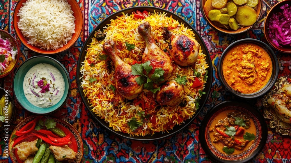 Top view of a Chicken Biryani feast, with fragrant basmati rice ...