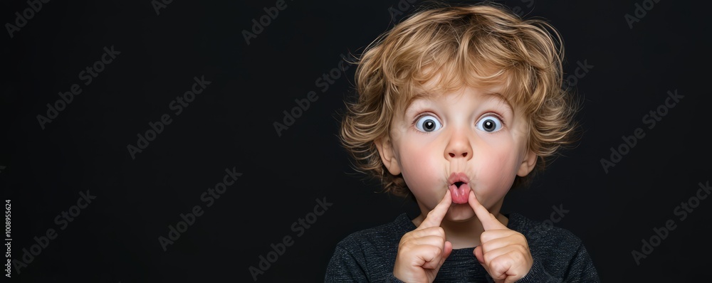 A surprised child with curly hair making a shhh gesture, expressing ...