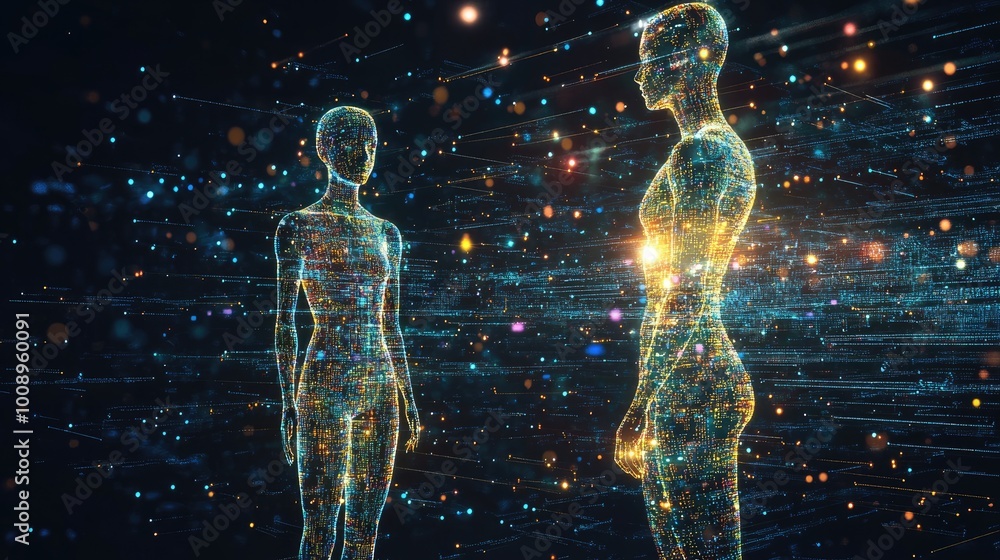 Futuristic figures with tech-infused bodies blending into a glowing ...