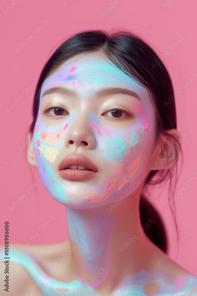 Asian model with gentle, pastel color paint on face. Skin discoloration ...