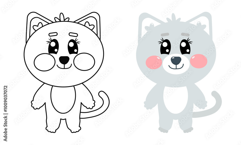 Cute kawaii doodle drawing of cat full height. Coloring page ...