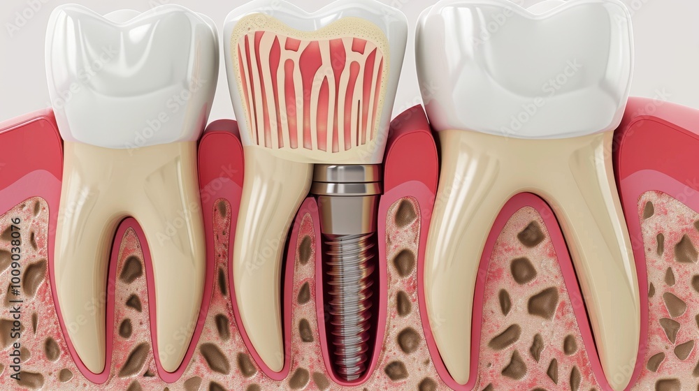 Anatomical diagram showing healthy teeth and a dental implant in human ...