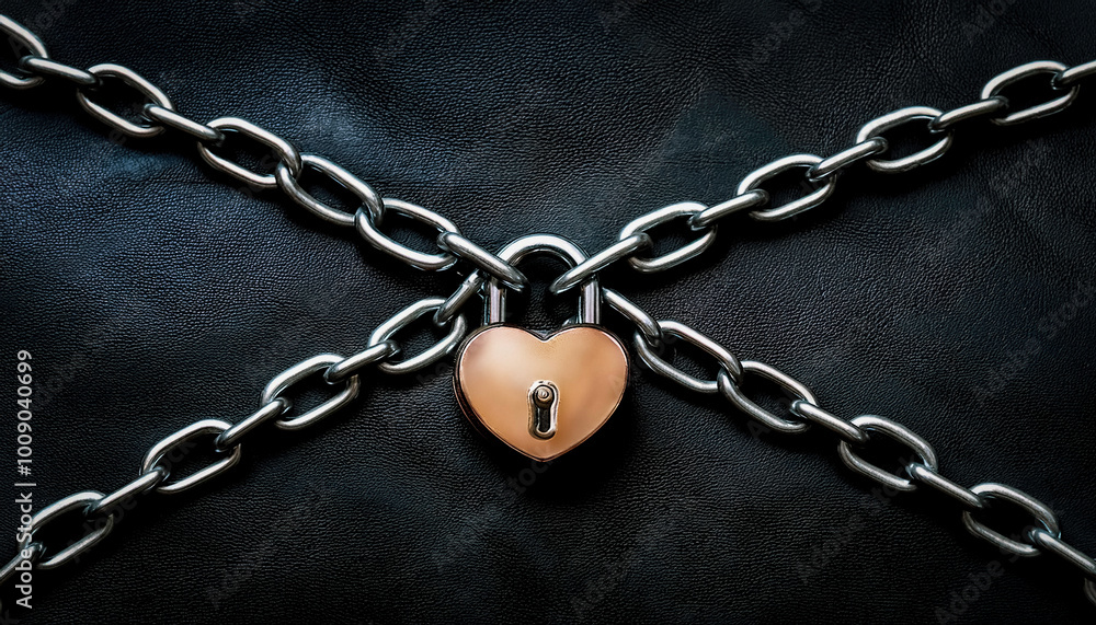 Heart-shaped gold padlock with chains on black leather texture ...