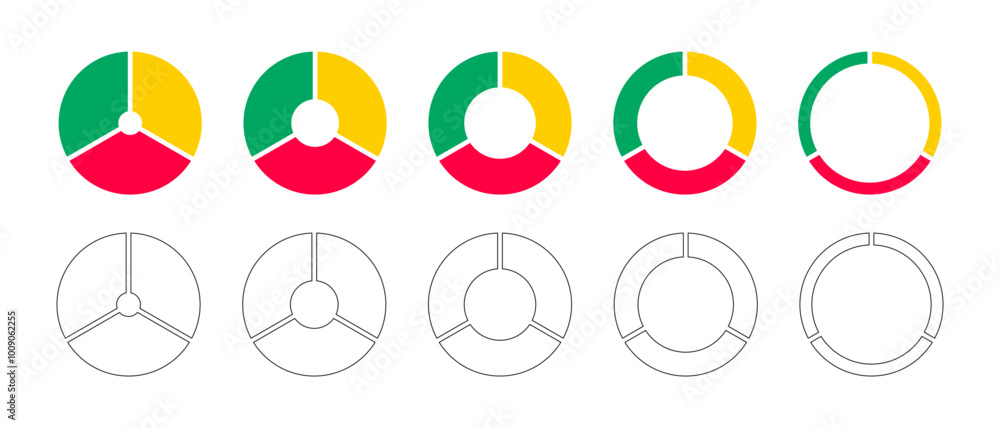 Donut charts, pies segmented on 3 equal parts. Wheels divided in three ...
