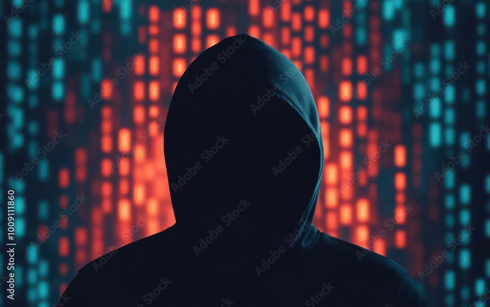 Hacker s silhouette in front of a massive digital grid, glowing lines ...