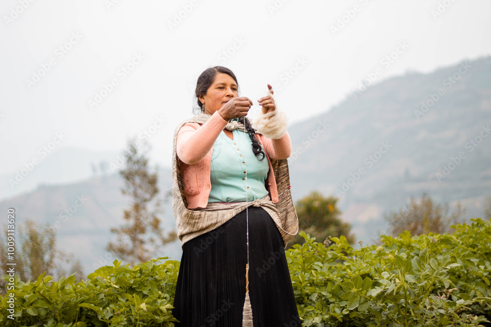 Mujer andina latinoamericana haciendo hilados de lana de oveja en el ...