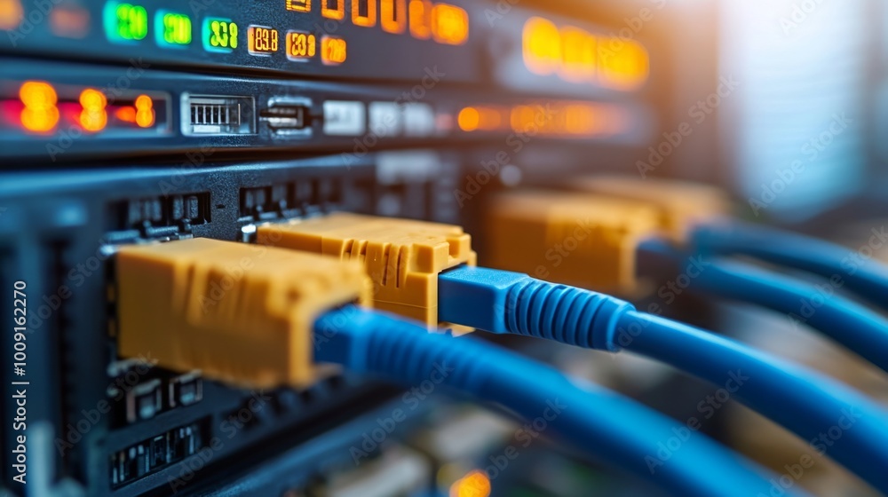 Closeup of an internet cable being connected the end port on one side ...