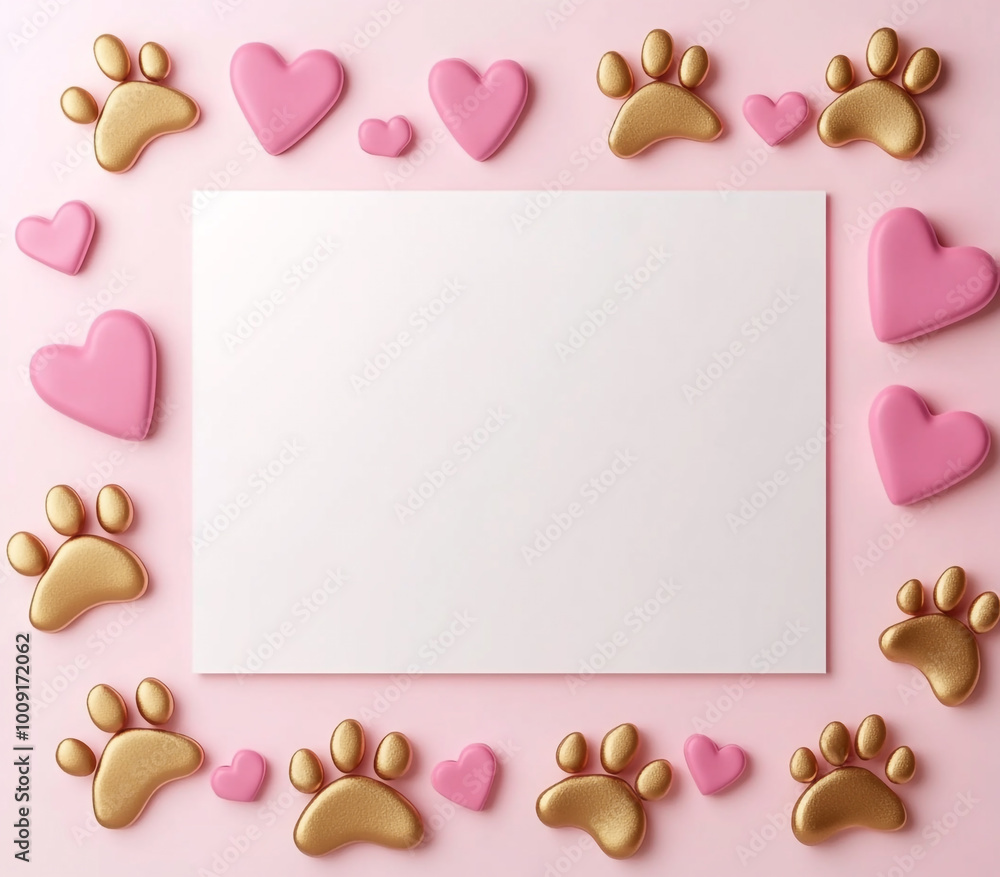 Cute pink dog paw print pattern with white background and gold elements ...