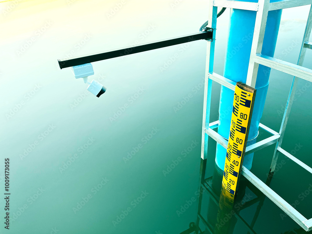 water level gauge at a reservoir, featuring a yellow measurement scale ...