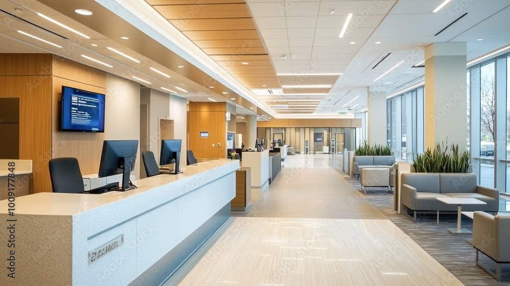 A spacious, well-lit bank interior with modern design elements ...