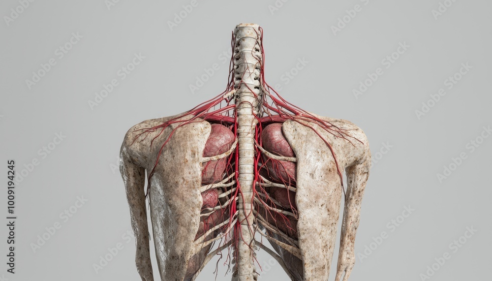 A 3D anatomical model of the thorax, highlighting the lymphatic vessels ...