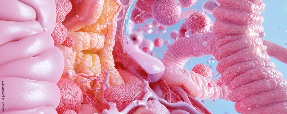 A 3D cutaway view of the intestines, showing the different sections of ...