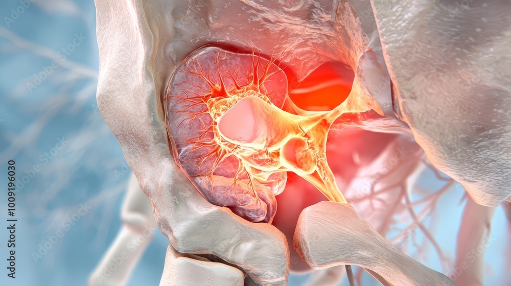 A 3D medical illustration of the anterior view of the hip joint ...
