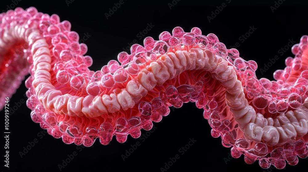 A 3D model of the entire human digestive system, focusing on the coiled ...