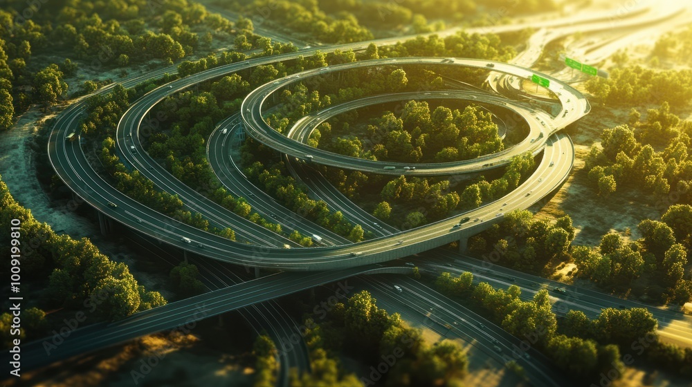 An aerial view of a complex highway interchange surrounded by greenery ...