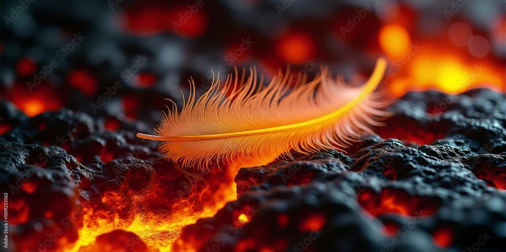 A feather floats effortlessly on the surface of glowing red lava. The ...